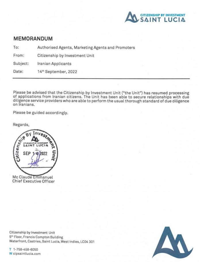 CIP St Lucia has resumed processing applications from Iranian citizens - Caribbean News Global